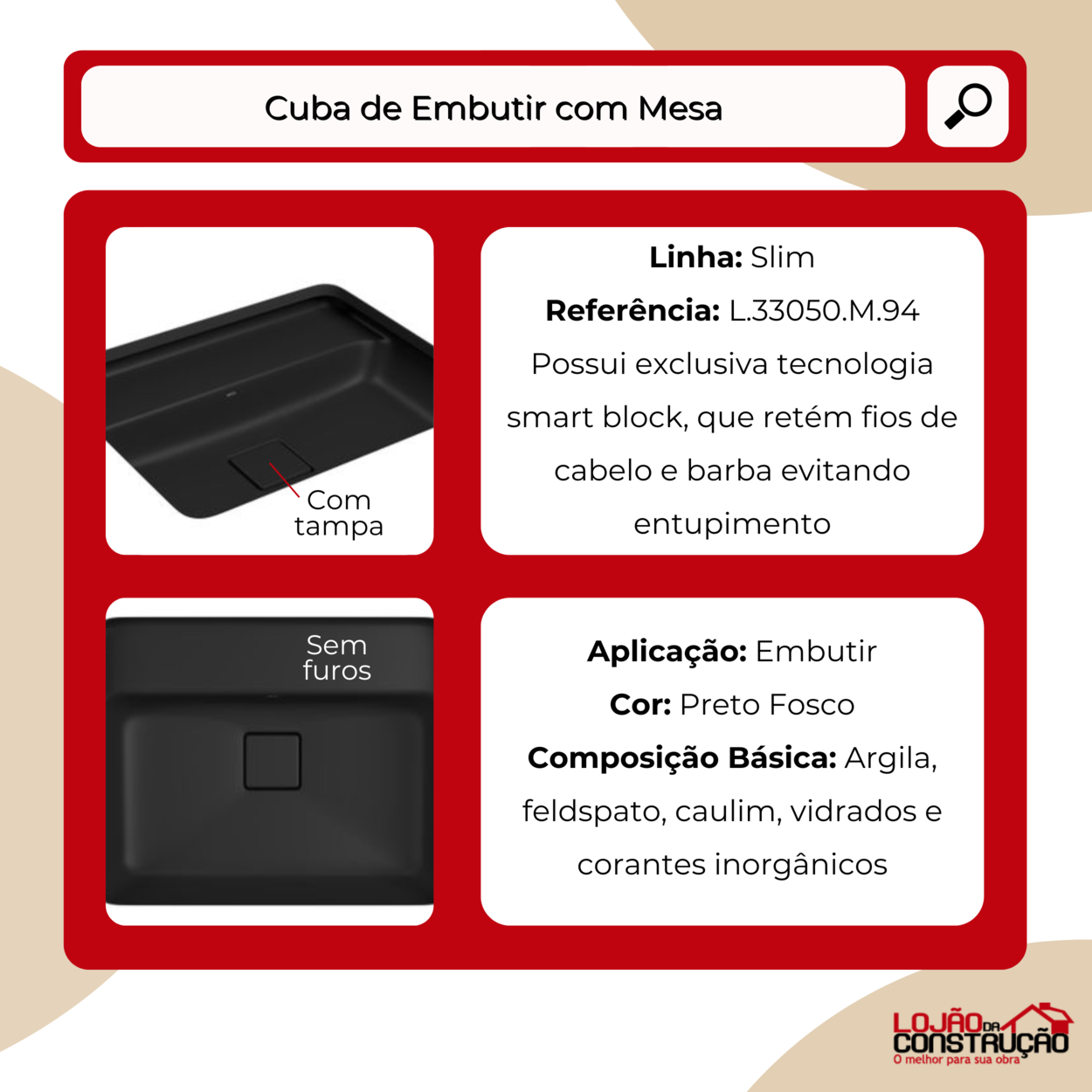 Cuba de Embutir com Mesa Retangular 50cm Slim - Deca - Preto Fosco L.33050.M.94