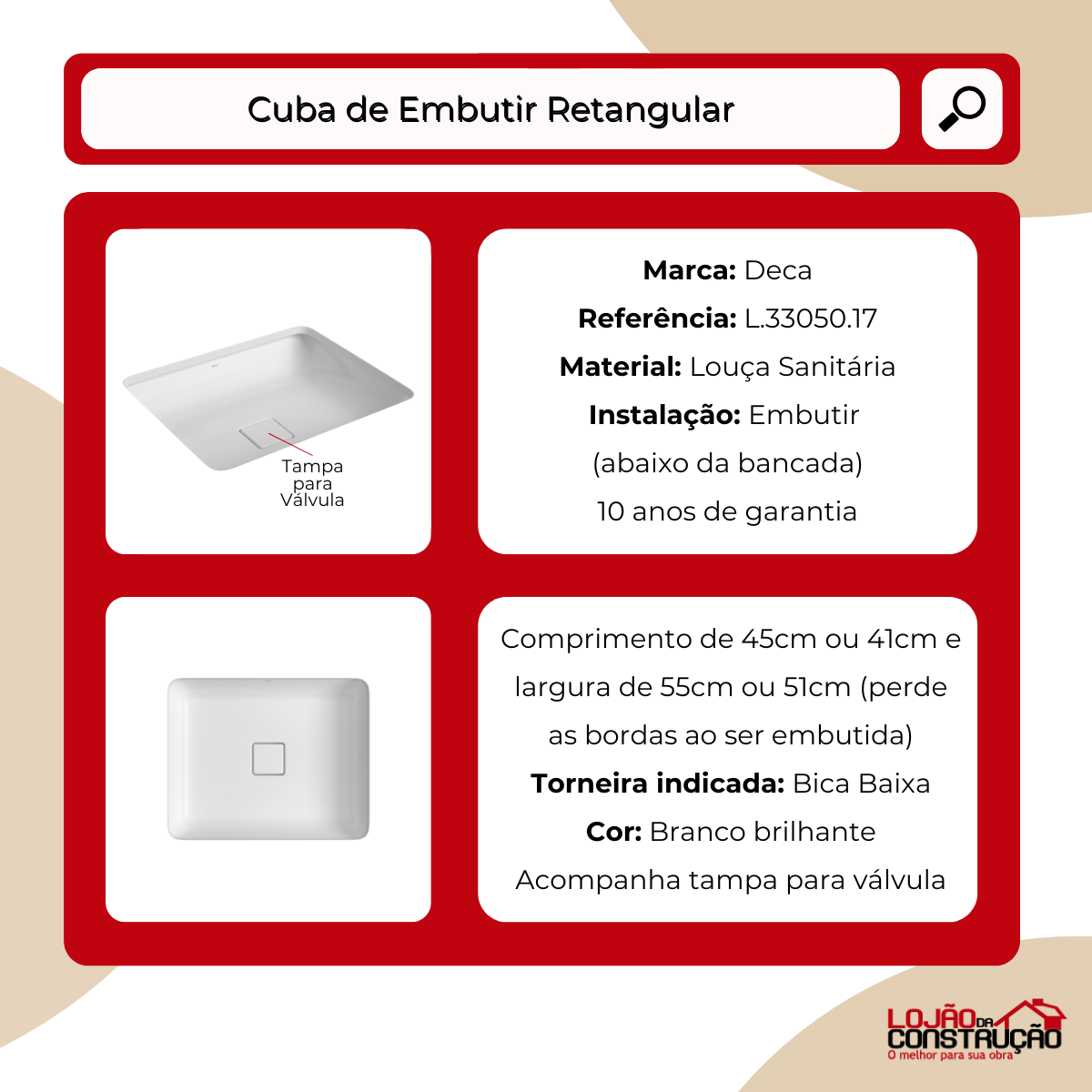 Cuba Retangular de Embutir 50cm em Louça Sanitária Branco Slim para ...
